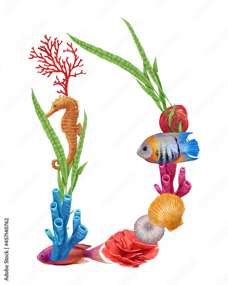 Capital letter D. Hand-drawn illustration, digitally colored. Stock ...