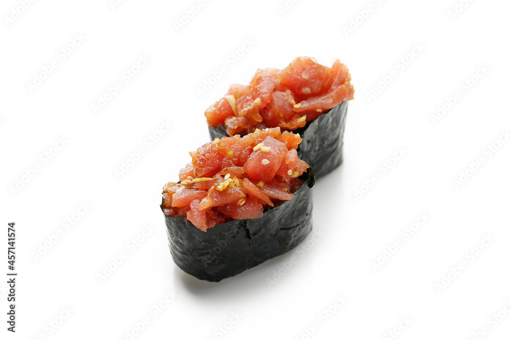 Gunkan sushi with tuna tartare, isolated on white background. 2 piece ...