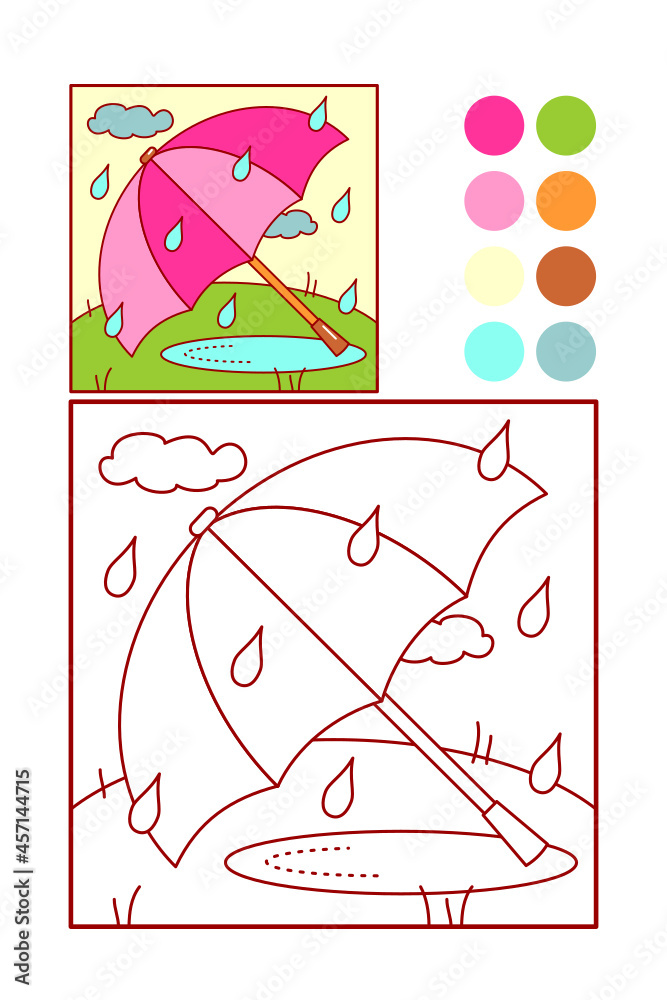 Coloring page for kids. Umbrella, rain, puddle. Stock Vector | Adobe Stock