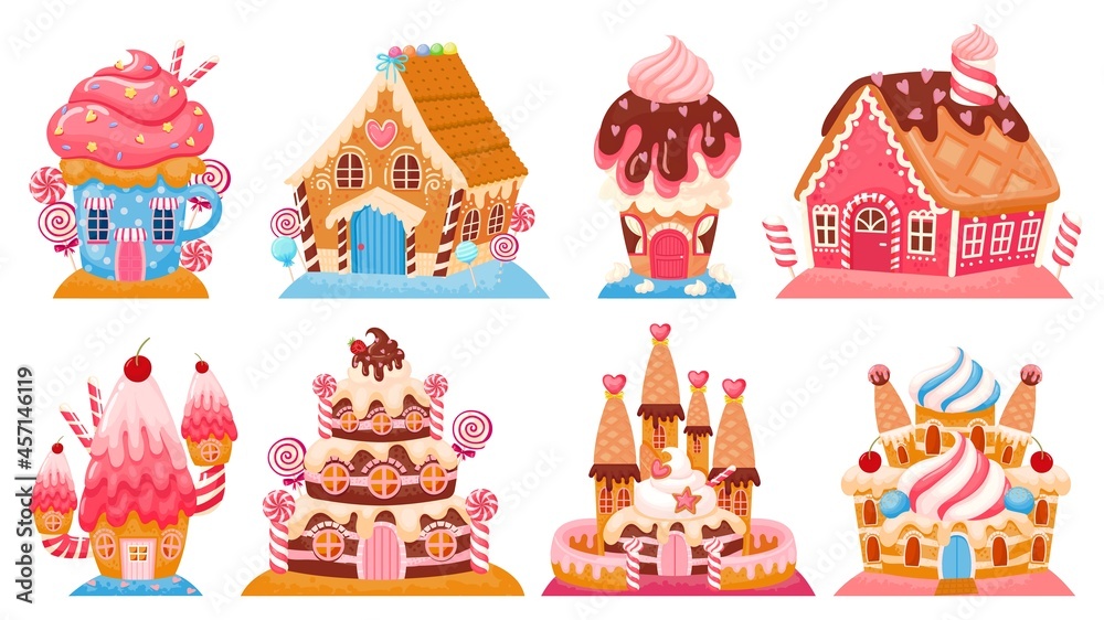 Cartoon fantasy candy houses and fairy tale sweet castles. Dreamland ...