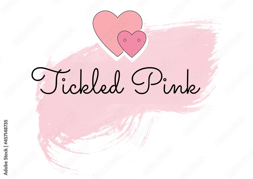 Tickled pink text and two pink heart icons against white background ...