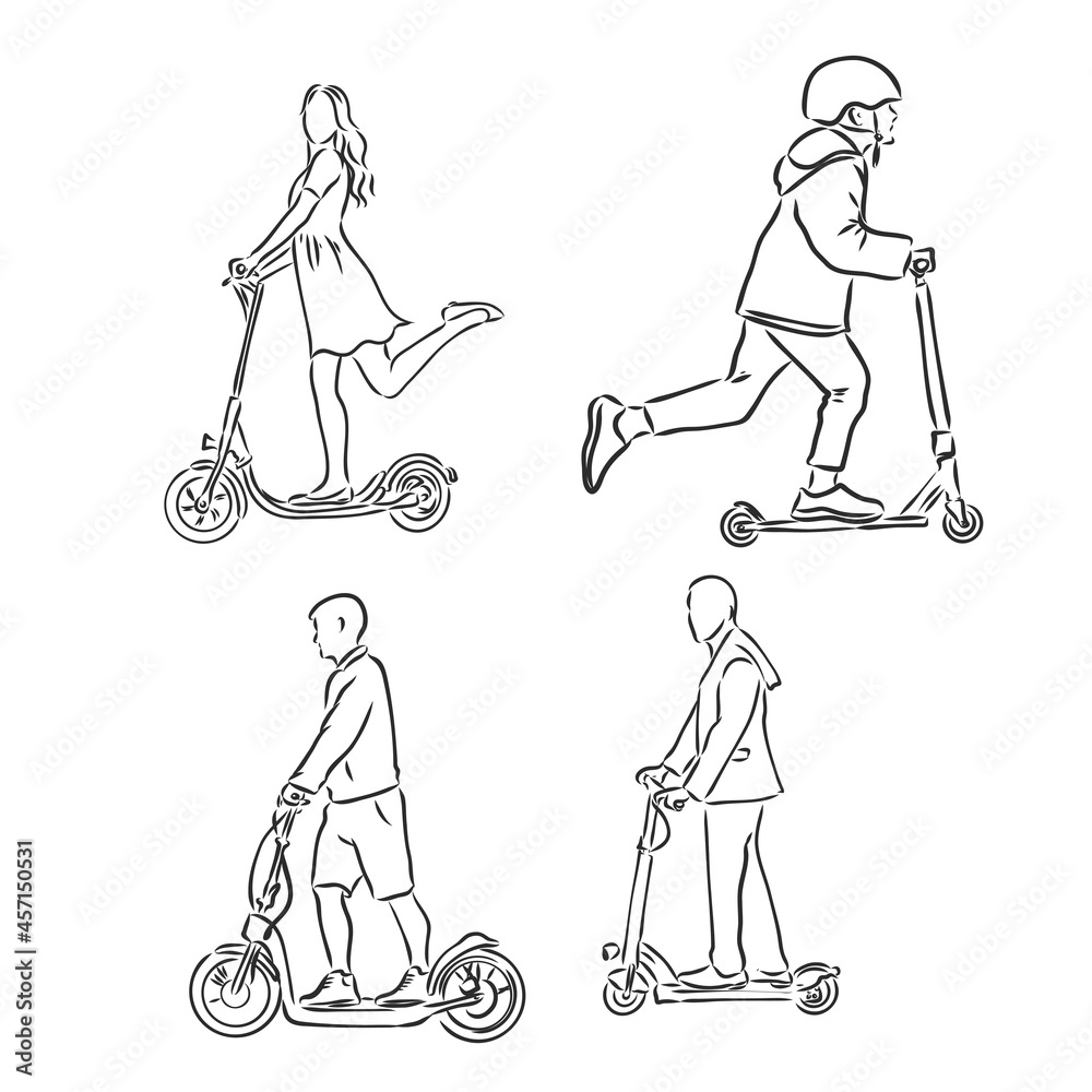 Riding a scooter fast. Kid on skate. Hand drawn. Stickman cartoon ...