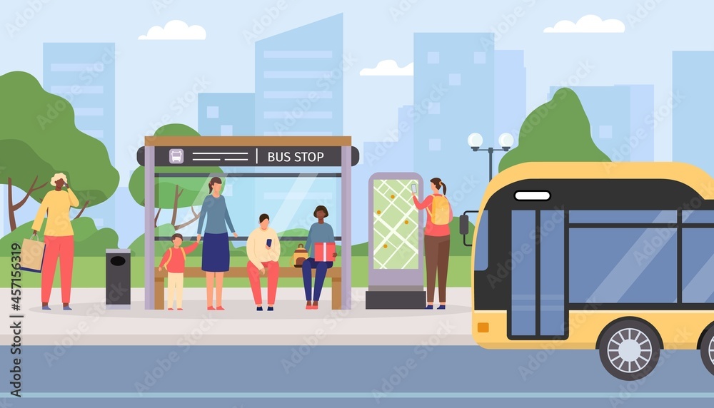 Flat people waiting at city public bus stop. Passengers sitting and ...