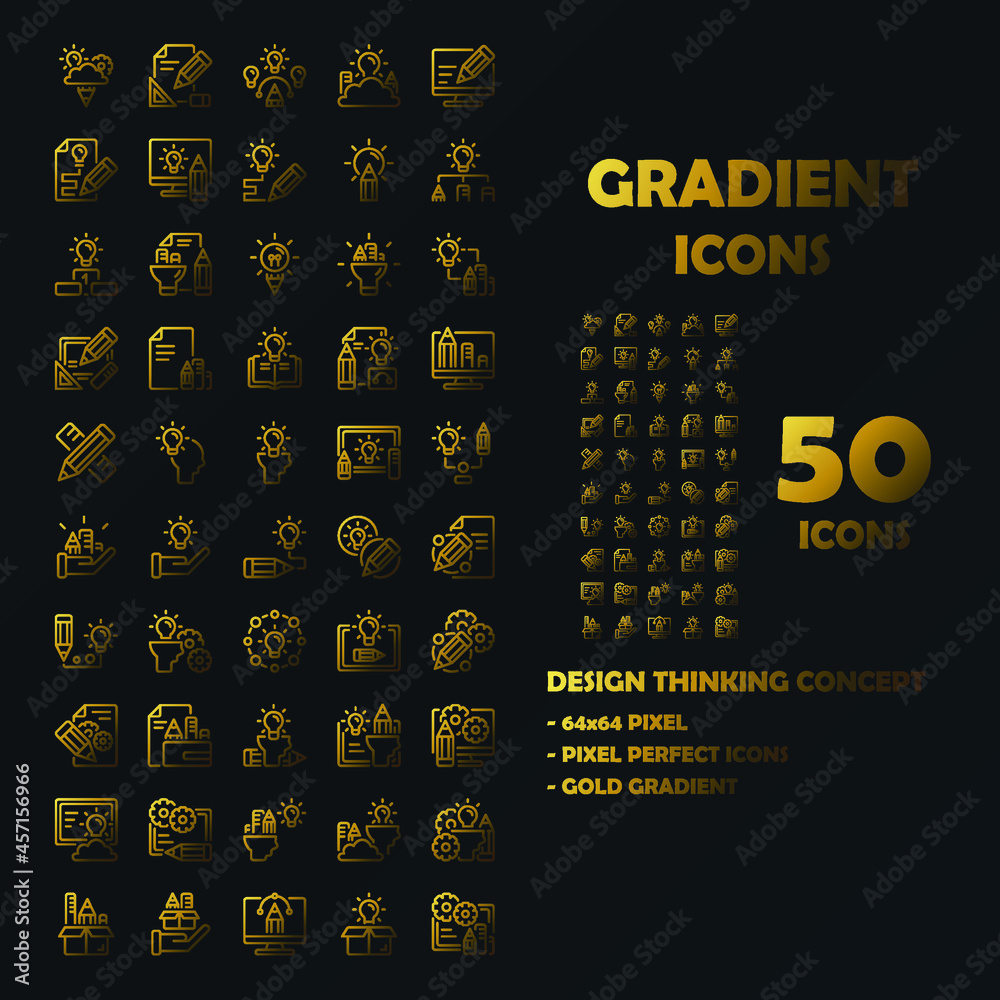 50 Icons set of Design Thinking gradient icons. Such as bulb, pen ...