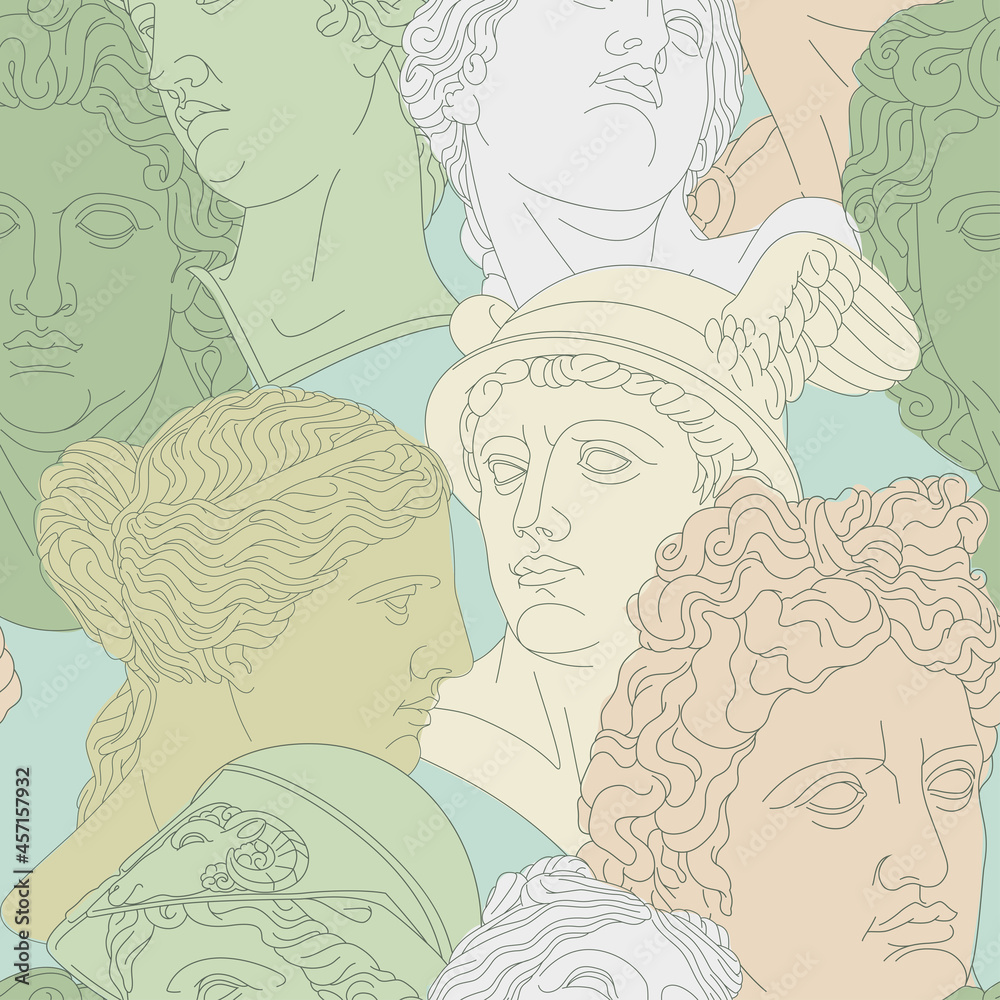 heads of ancient greek gods linear drawing pattern Stock Illustration ...