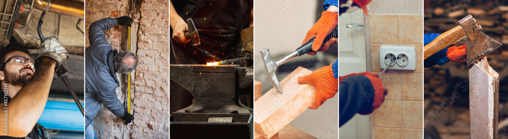 Collage of images of people of different professions during working day ...