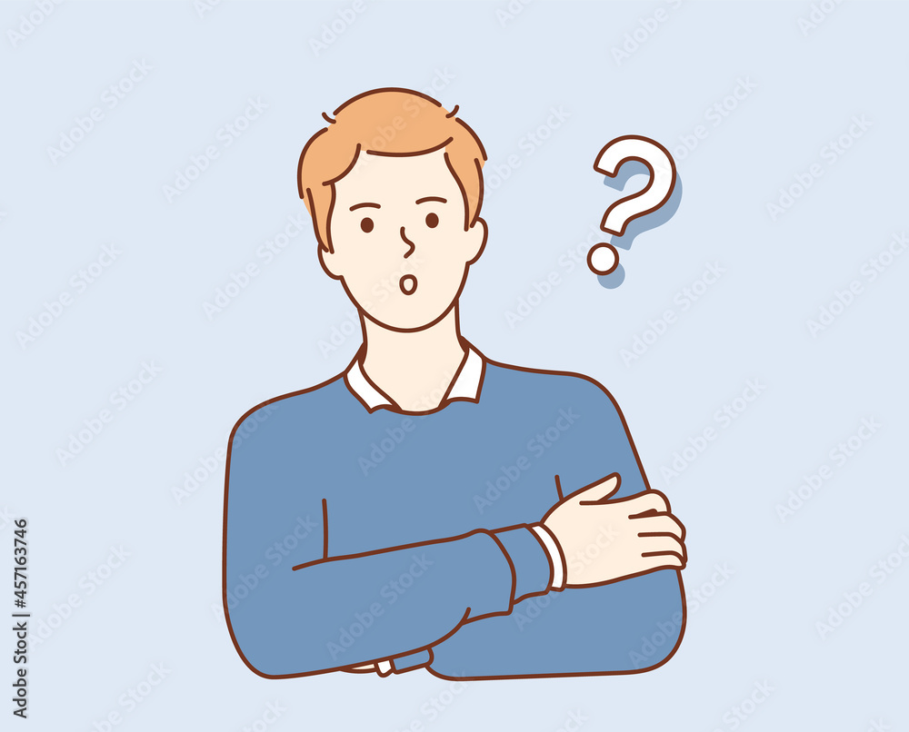 Problem, question, thinking. Young confused man cartoon character ...