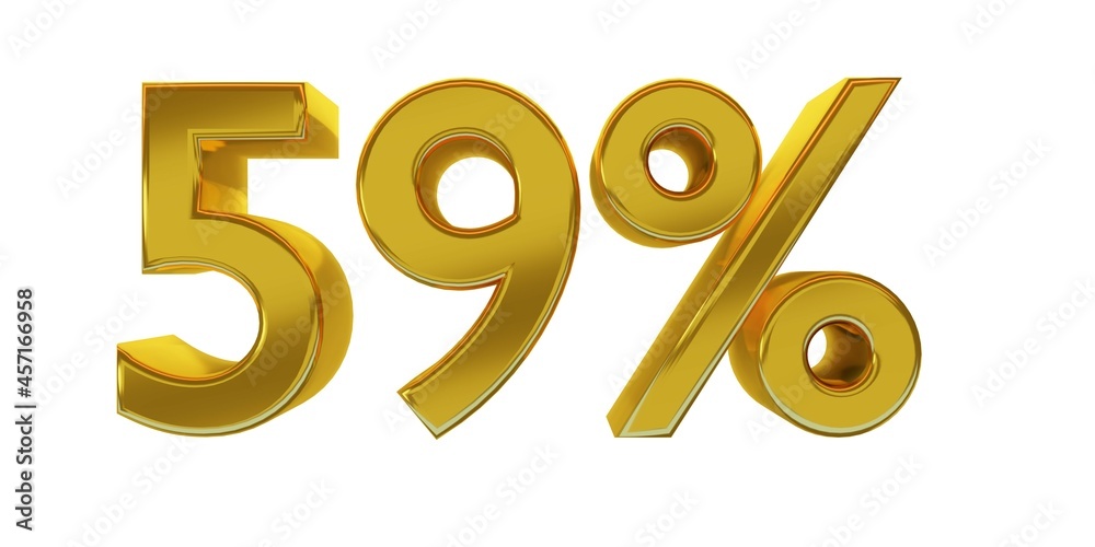 3D illustration, fifty-nine percent - 59%, golden elements with white ...