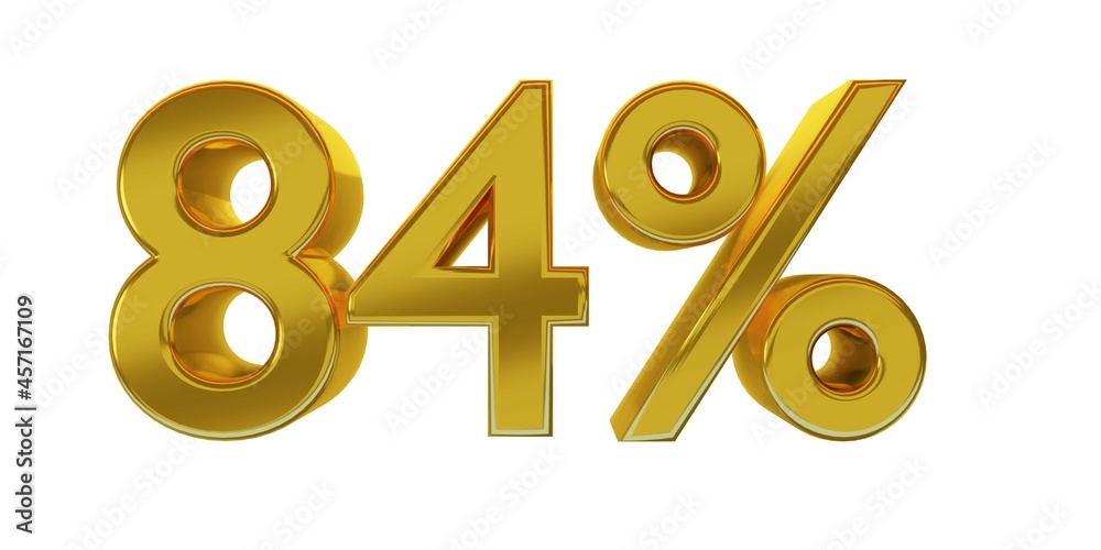 3D illustration, eighty-four percent - 84%, golden elements with white ...