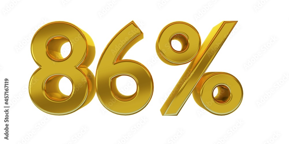 3D illustration, eighty-six percent - 86%, golden elements with white ...