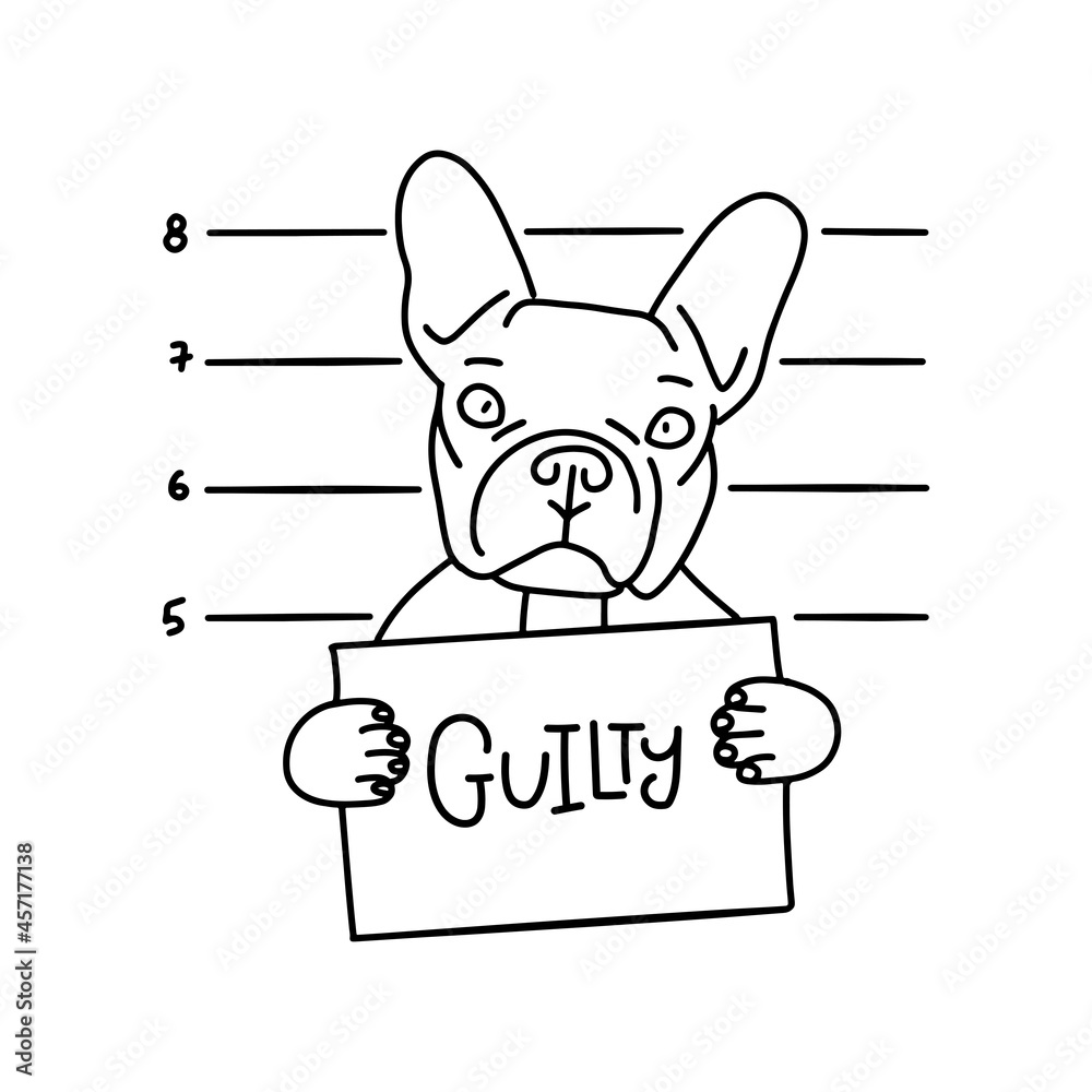 Guilty concept. Bulldog Bad boy. Dog with sign in the paws in prison ...