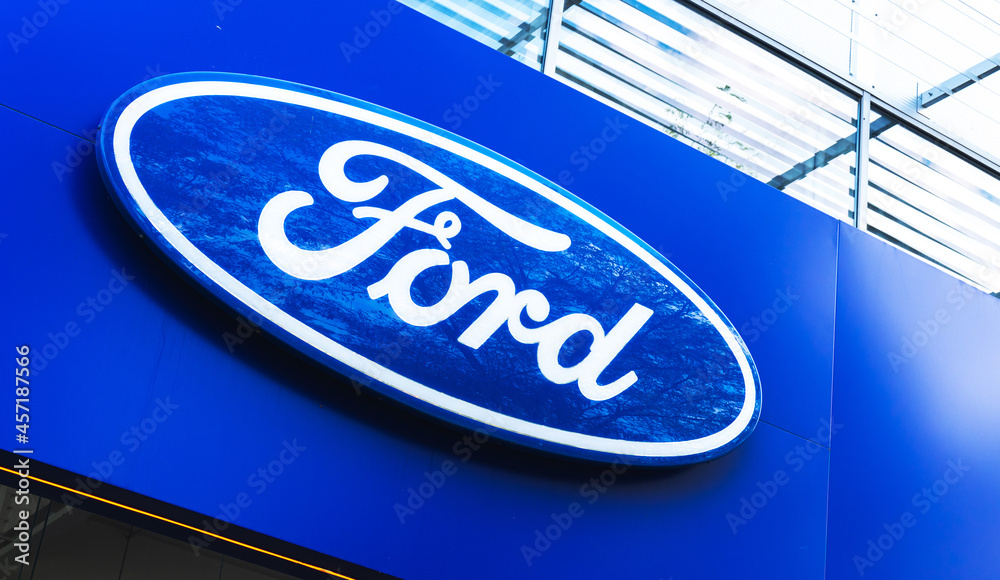 Ford brand logo on cra dealership building, emblem, symbol close-up ...