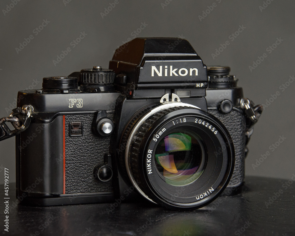 Vintage Nikon F3HP professional camera of the 1980s, photographed in ...