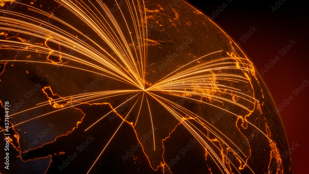 Futuristic Neon Map. Orange Lines connect Delhi, India with Cities ...