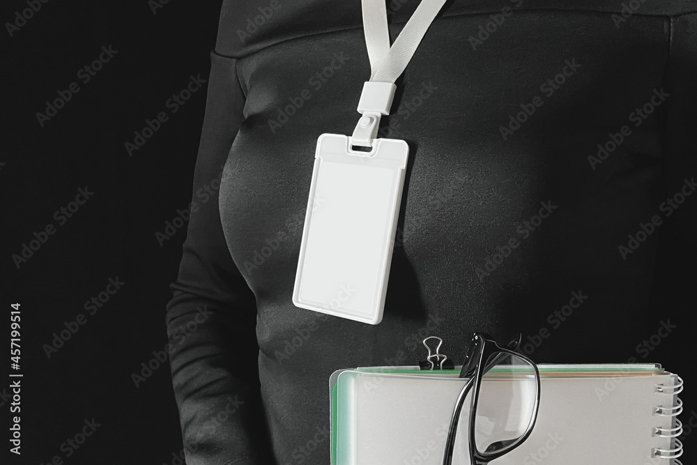 Business woman wearing Id card around neck mockup Stock Photo | Adobe Stock