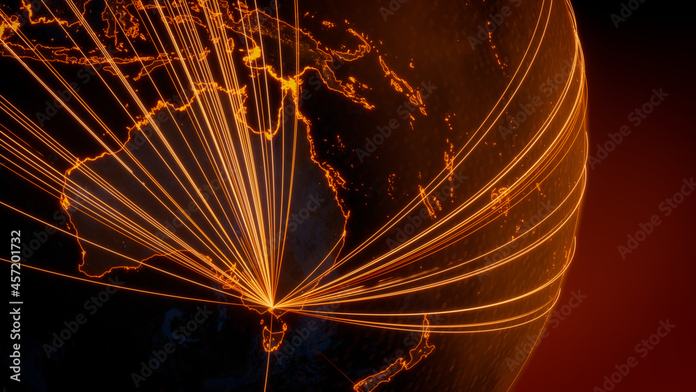 Futuristic Neon Map. Orange Lines connect Melbourne, Australia with ...