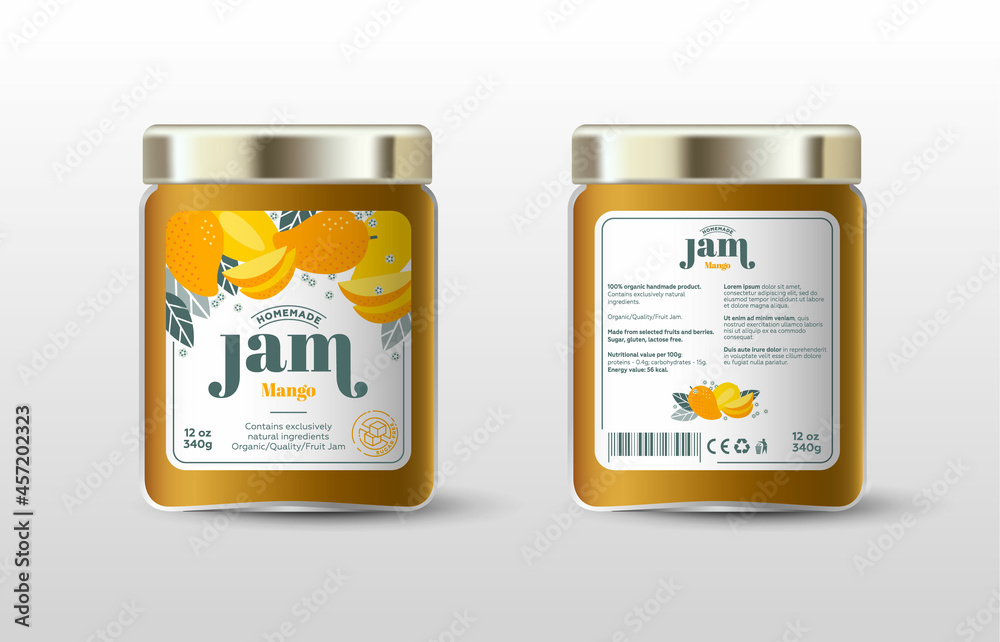 Mango jam. Label for jar and packaging. Whole and cut fruits, leaves ...