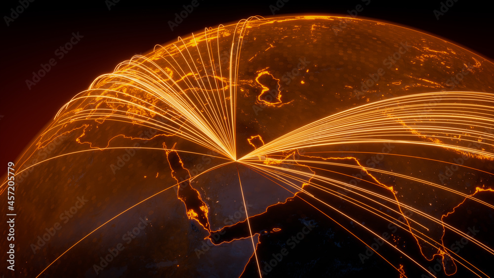 Futuristic Neon Map. Orange Lines connect Riyadh Saudi, Arabia with ...