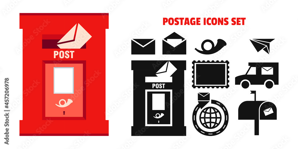Red mail box and black post service icons set isolated on white ...