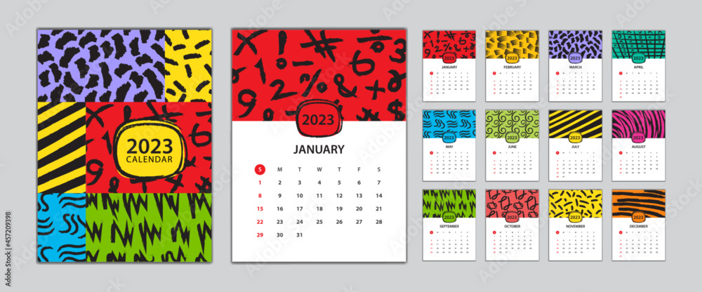 Desk calendar 2023 template set, Calendar design memphis style, wall ...
