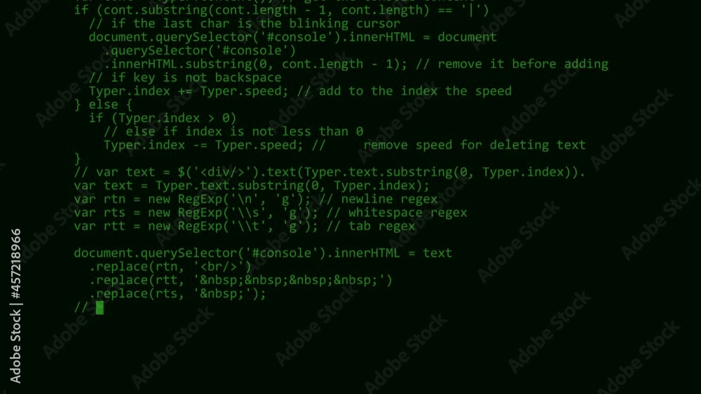 Green lines of random program code fast scrolling on a Computer screen terminal. Breaking Into ...