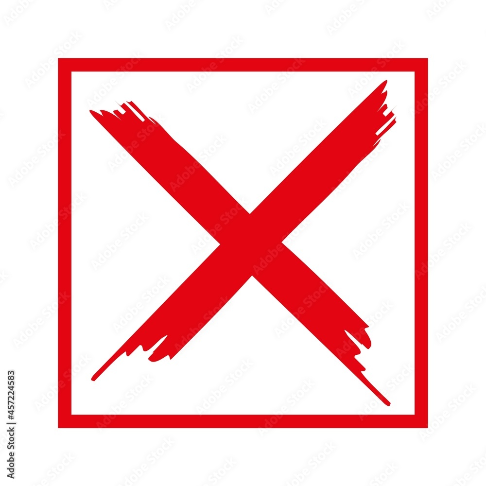 Red cross in red square frame on white background. Score symbol ...