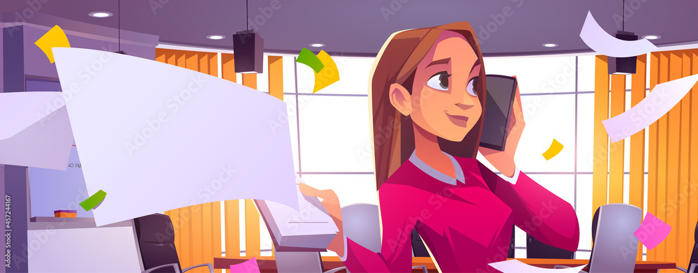 Business woman in office with smartphone and notepad in hands ...