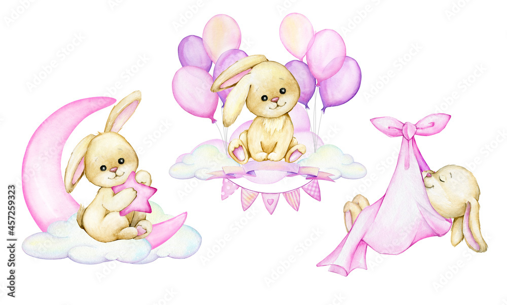 Cute bunny, sitting on a cloud, on a background of pink balloons ...