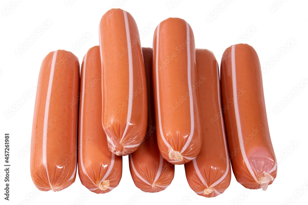 Sausages in a plastic shell side view.The meat product is ready to eat ...