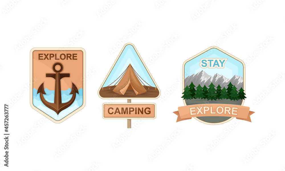 Camping and Outdoor Exploration Badge with Anchor and Tent Vector Set ...