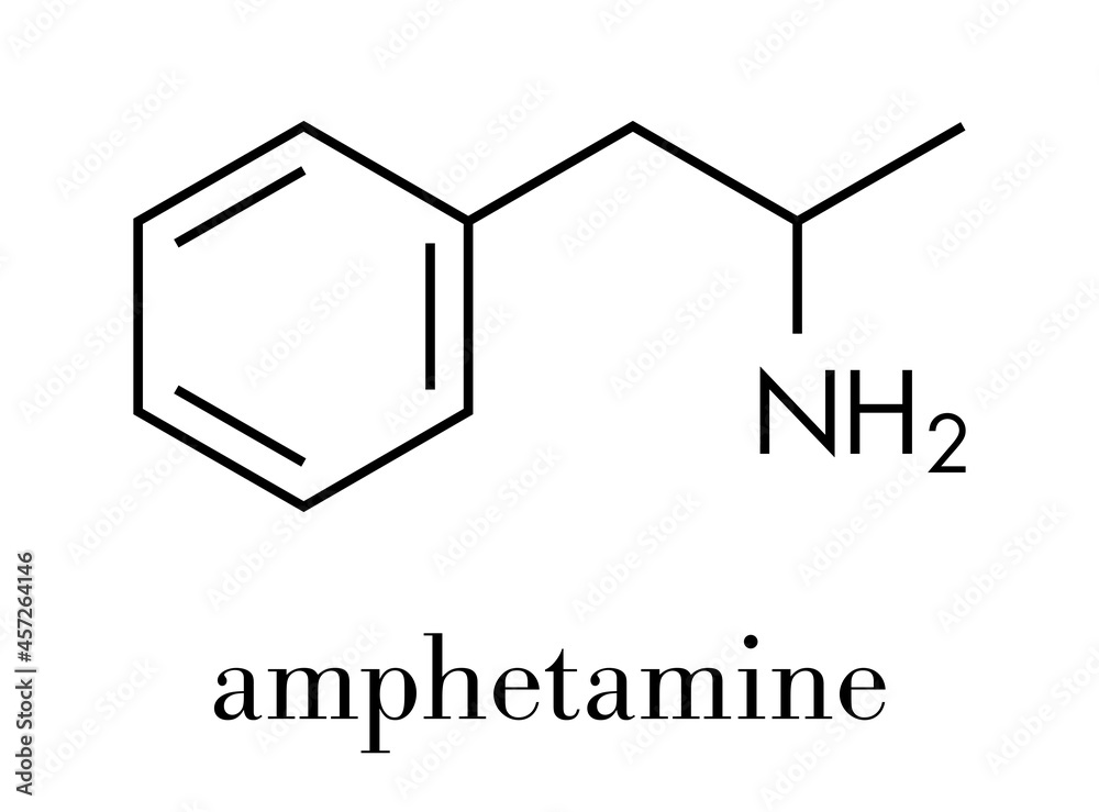 Amfetamine (amphetamine, speed) stimulant drug molecule. Skeletal ...