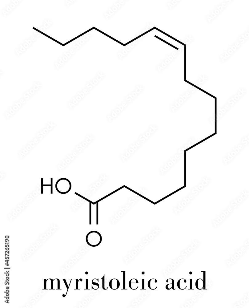 Myristoleic acid (omega-5) fatty acid molecule. Skeletal formula. Stock ...