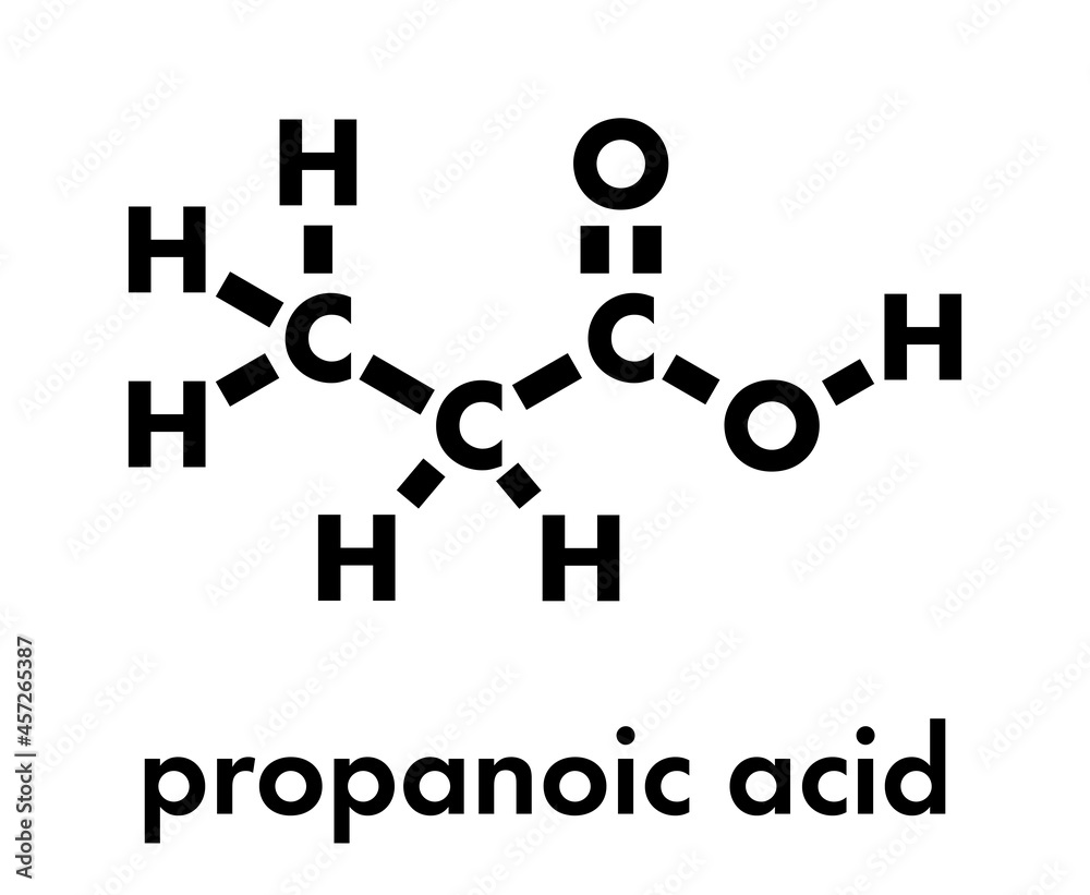 Propionic acid (propanoic acid) molecule. Used as preservative in food. Skeletal formula. Stock ...