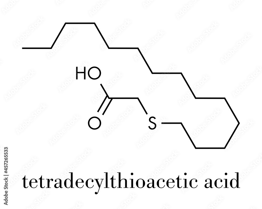 Tetradecylthioacetic acid (TTA) synthetic fatty acid molecule. Skeletal ...