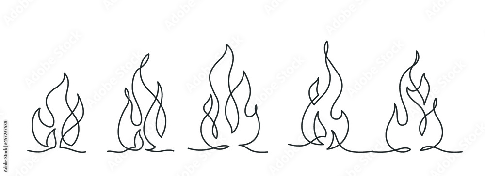 Continuous line drawing of fire on white background. Set of flame shape ...