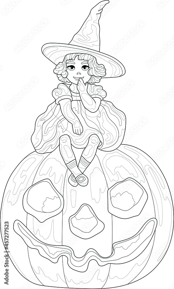 Cute cartoon little girl in witch hat sitting on carved pumpkin sketch ...