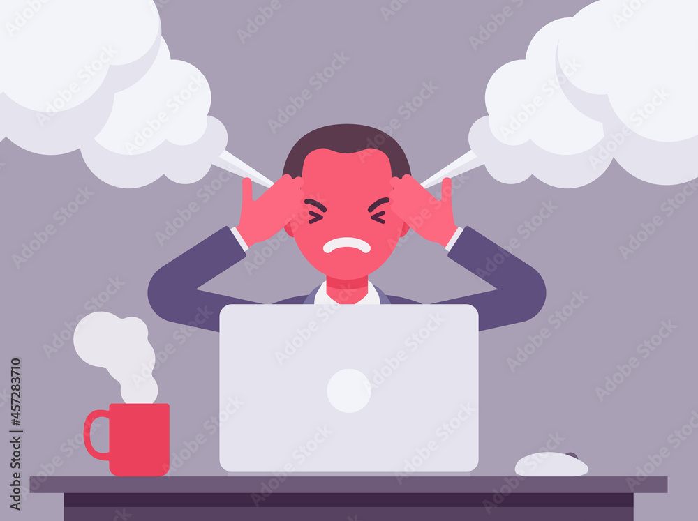 Businessman working with laptop steam coming out of ears, angry. Red ...