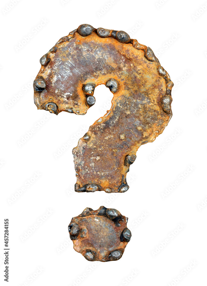Alphabet question mark made of weld rusty metal sheet. Symbol isolated ...