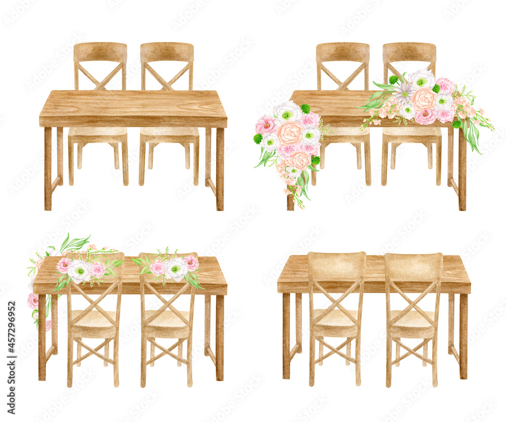 Wood wedding tables set. Watercolor head table with flower arrangements ...