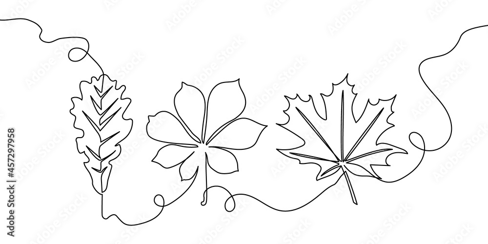 Leaves continuous line drawing set. One line art of tree leaves, herb ...