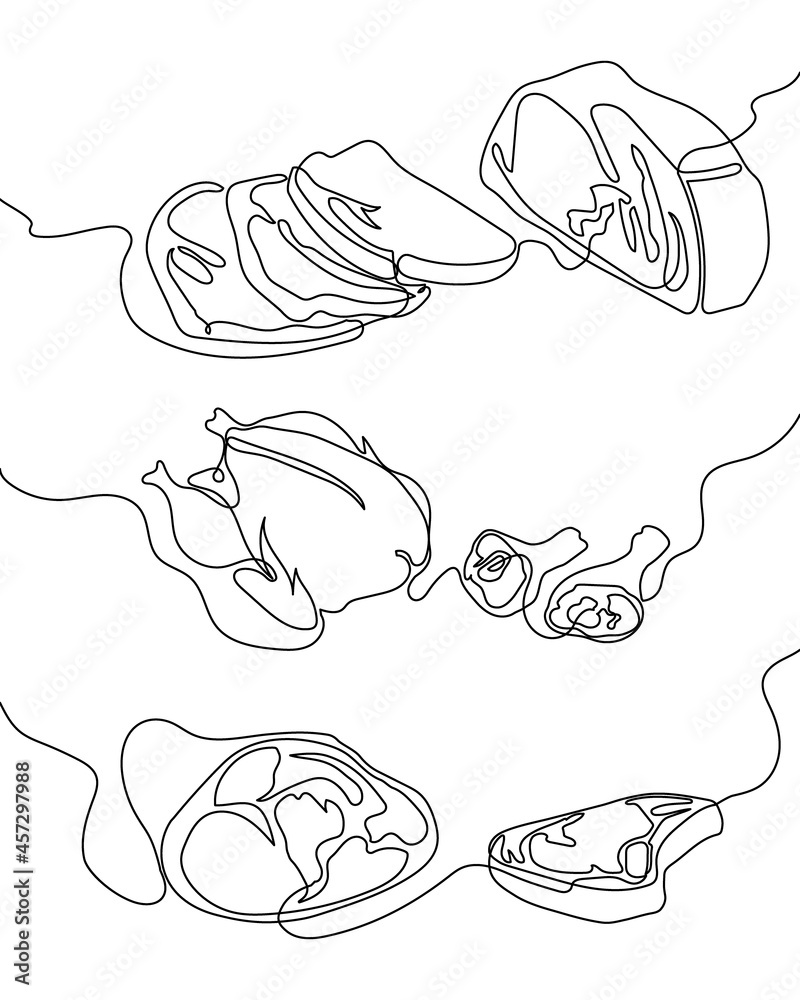 Meat product continuous line drawing set. One line art of veal, pork ...