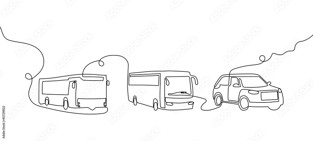 Public and personal transport continuous line drawing set. One line art ...