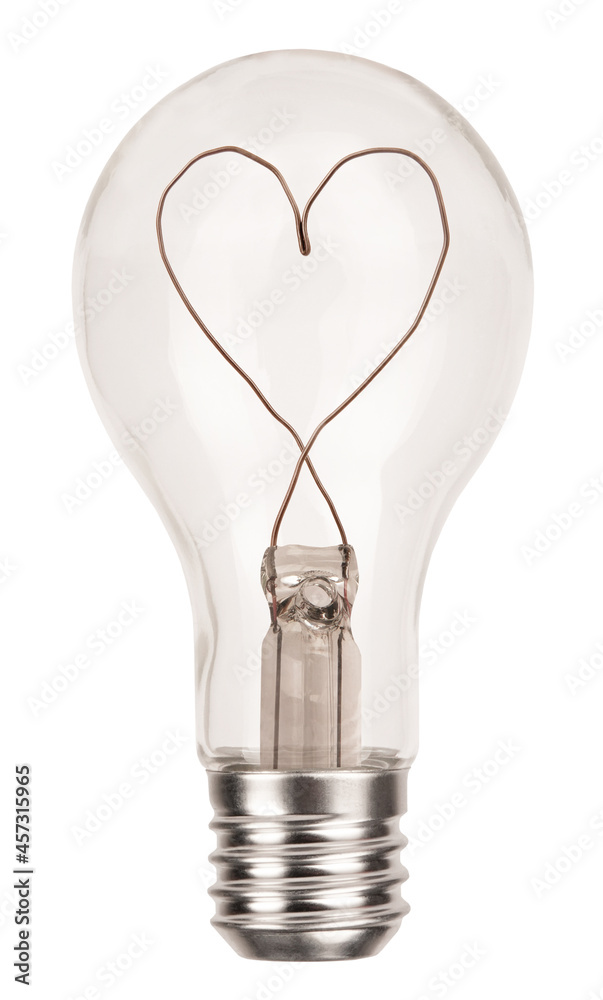 Classic incandescent light bulb with heart made of wire isolated on ...