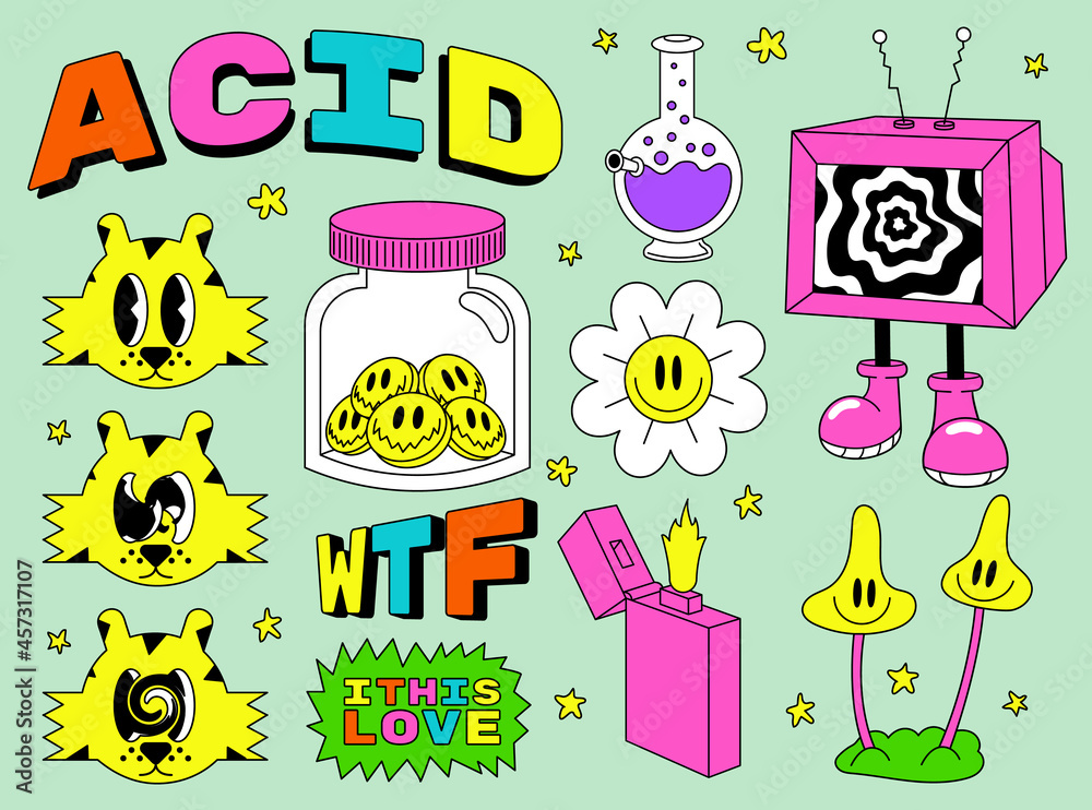 Acid abstract characters and objects. In a cartoon style, a set of ...