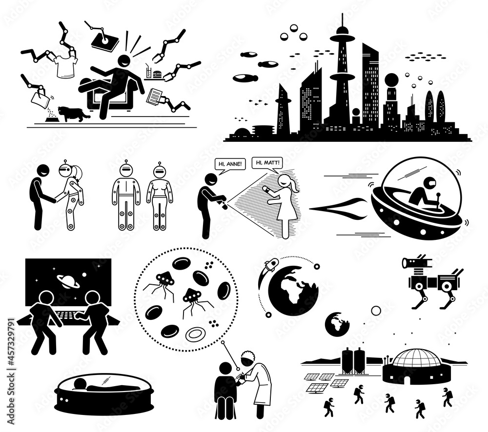 Future Futuristic World Science Fiction. Vector illustrations depict ...