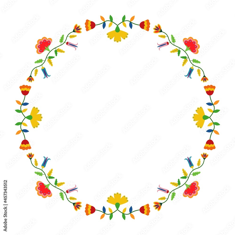 Mexican Otomi, Tenango embroidery style. Circular frame. Ethnic floral ...