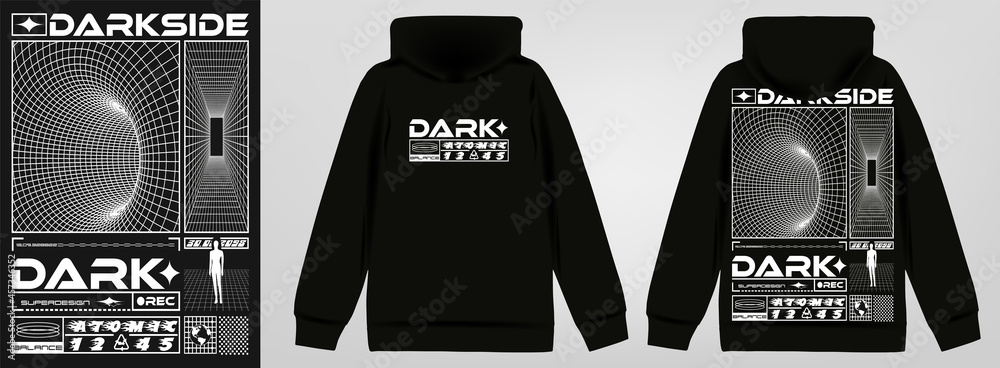 Abstract poster dark side. Stylish sweatshirt with a hood in Acid ...