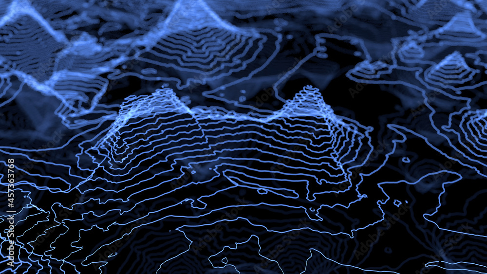 Fly over 3D glowing topographical map. Technological geographica big ...