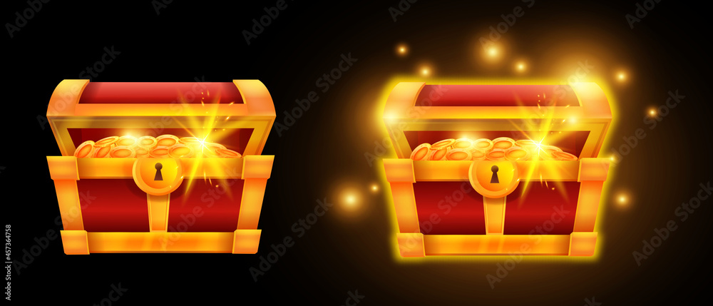 Gold vector chest, pirate coin treasure open box, glowing money pile ...