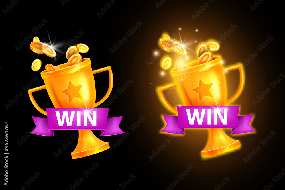UI game winner badge, vector gold cup trophy, flying coins, victory ...